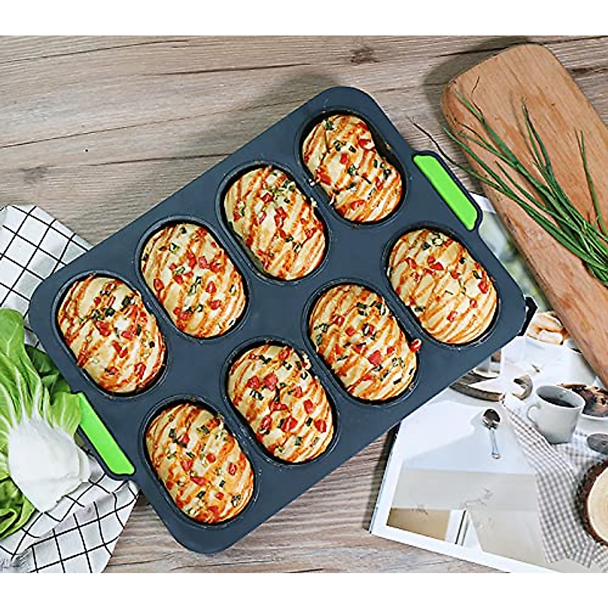 TOPZEA Set of 2 Silicone Baguette Pan, Nonstick French Bread Bake Mold, 8 Gutter Perforated Ham Burger Buns Sandwich Rolls Pans, 3 Wave Long Loaf Toast Mold Baking Tray for Oven Baker