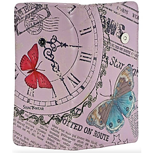 Shag Wear Butterflies Vintage Time Piece Large Fashion Wallet for Women and Teen Girls Vegan Faux Leather 7" Pink