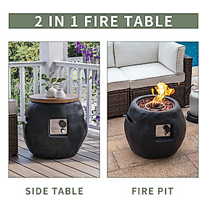 COSIEST Outdoor Propane Fire Pit w 23" Faux-Stone Base, Jar Shaped Fire Table w 40,000 BTU Stainless Steel Burner, Free Lava Rocks, Faux-Wood lid, Waterproof Cover for Coffee Table, Stool (Black)