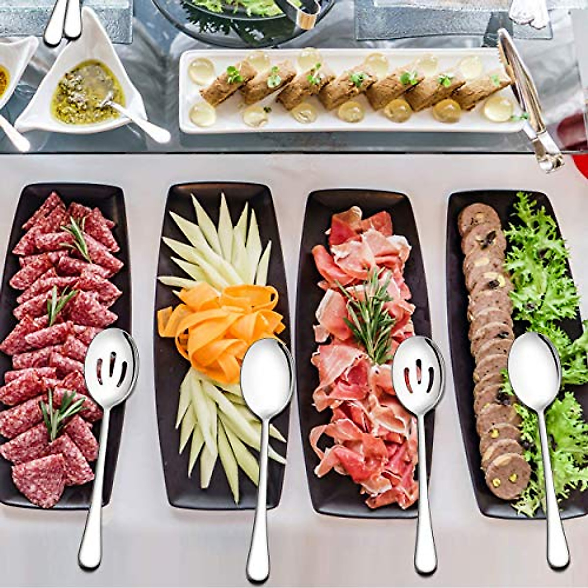 LIANYU 6 Pack Serving Spoons Set, 3 Large Serving Spoons, 3 Slotted Serving Spoons, Stainless Steel Buffet Dinner Restaurant Serving Spoons Set, Catering Serving Utensils for Party Banquet, 9.8 Inch