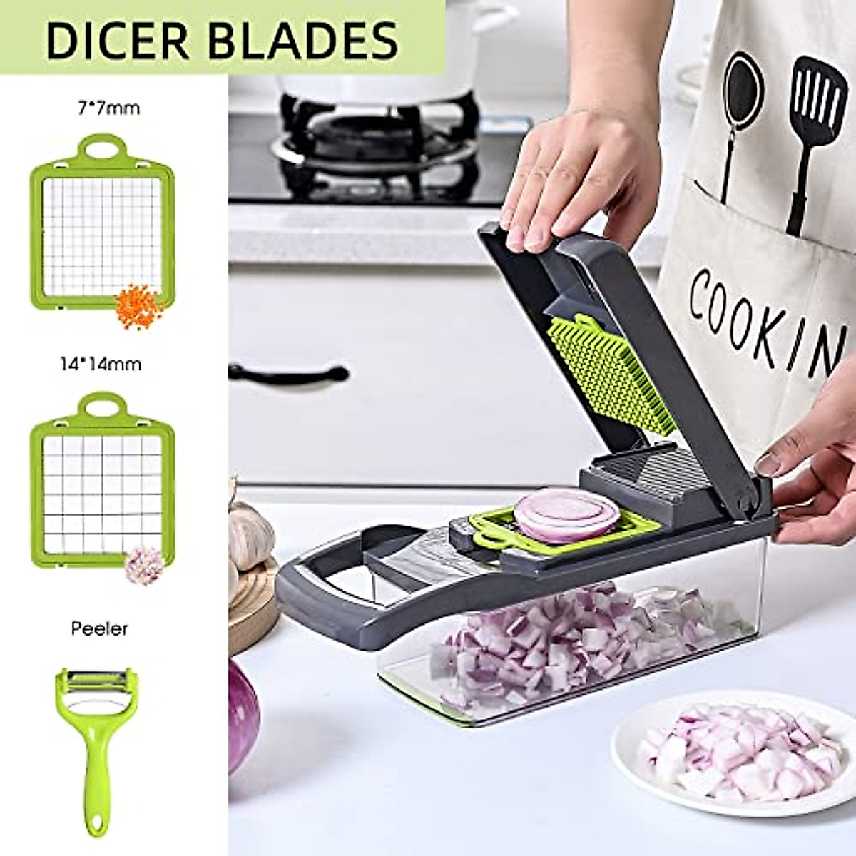 Vegetable Chopper Slicer 16-in-1 with Spice Chopper Set 7 Blades Veggie Dicer Onion Fruit Cutter (gray set)