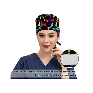 ZDZDY 2Pcs Fashion Working Caps with Buttons Adjustable Sweatband Tie Back Working Hats for Women Men(Dragonfly-Butterfly)