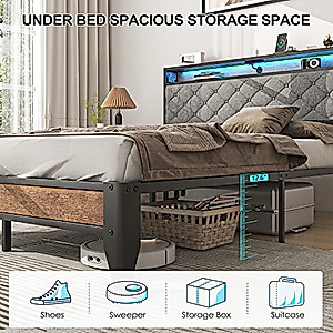 Osfvolr Queen Bed Frame with Charging Station and LED Light, Platform Bed Frame with 2 Tier Storage Upholstered Linen Headboard, Heavy Duty Metal Structure, 12 inch Under Bed Storage, Noise Free