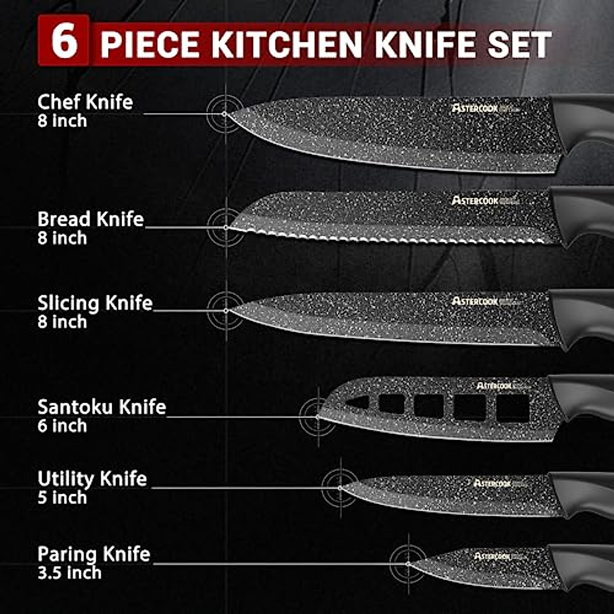 Knife Set, 6 Piece Kitchen Knife Set, High Carbon German Stainless Steel Knives Set, Non-stick Coating, Ultra Sharp, Dishwasher Safe
