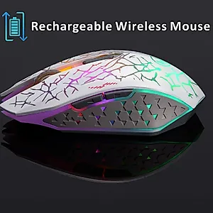 TENMOS K6 Wireless Gaming Mouse, Rechargeable Silent LED Optical Computer Mice with USB Receiver, 3 Adjustable DPI Level and 6 Buttons, Auto Sleeping Compatible Laptop/PC/Notebook (White)