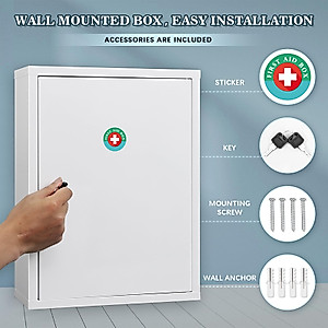 KYODOLED Wall Mount Medicine Cabinet, Large Capacity First Aid Wall Cabinet for Bathroom, Locking Medicine Cabinet with Key, Secure Steel Lock Box for Medication, White