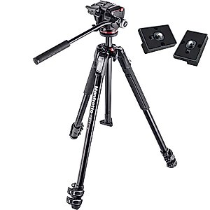 Manfrotto MK190X3-2W 190 Aluminum 3 Section Tripod Kit with MHXPRO-2W Fluid Head (Black) and Two ZAYKIR Quick Release Plates for The RC2 Rapid Connect Adapter