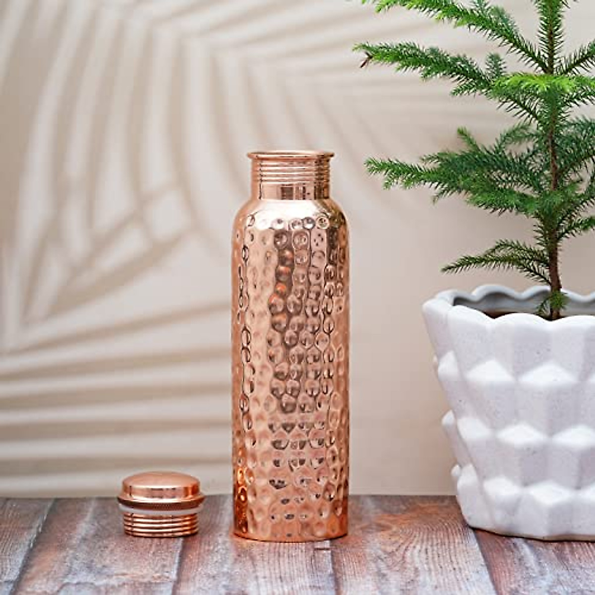 Pure Copper Water Bottle - 34 oz Leak Proof Joint Less Indian Ayurveda Health Benefit Water Drinking Carafe Drink More for Healthy Lifestyle - Hammered - 1000 ML