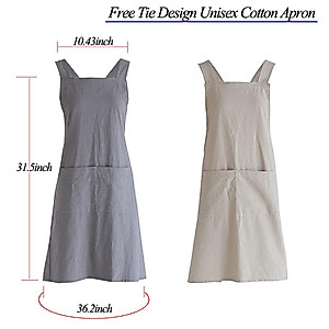 losofar Women Men Cotton/Linen Japanese Style Cross Back Aprons Pinafore Dress with Two Pockets for Cooking, Housewarming, Daily Chores(grey, 24×27.6inch)