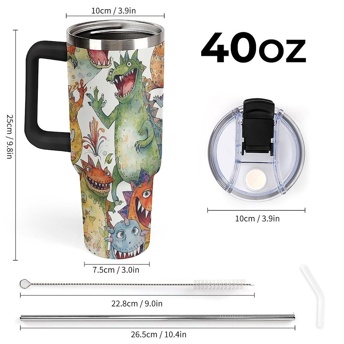 YTLKGFP 40 Oz Large Capacity Car Cup Chaotic Colorful Monsters Tumbler with Handle (Black) Straw Lid Insulated Stainless Steel Water Bottle Travel Mug Leak-proof Car Cup Keeps Cold Or Hot