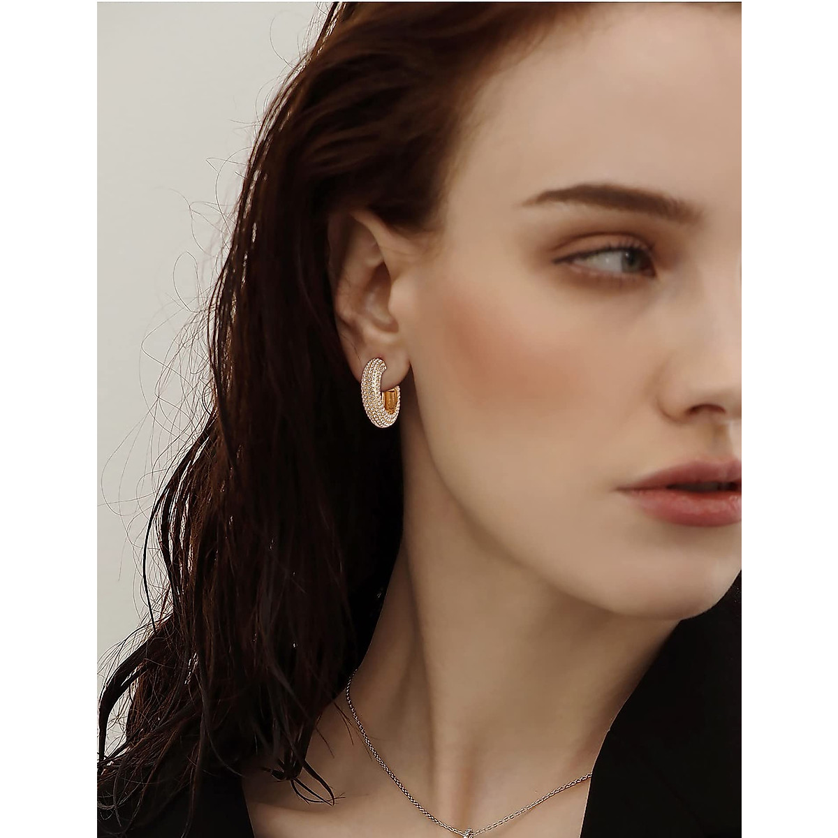 WOWORAMA Gold Open Hoop Earrings for Women Sparkly CZ Chunky Hoop Earrings Shiny Zircon C Shaped Hoop Earrings Crystal Round Hoops Dainty Minimalist Earrings Jewelry