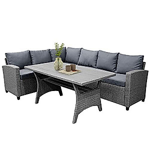 HHOK Patio PE Rattan Wicker Conversation Weather Sectional Sofa Set with Table & Soft Cushions, B-Gray Outdoor Furniture