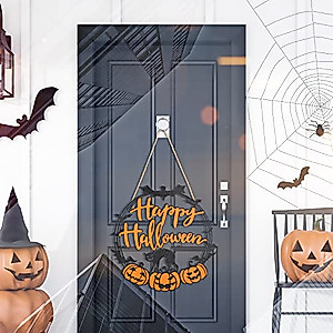 Bucherry Black Cat Pumpkin Hanging Sign Happy Halloween Front Door Welcome Sign Wall Decor Wall Plaque for Halloween Party