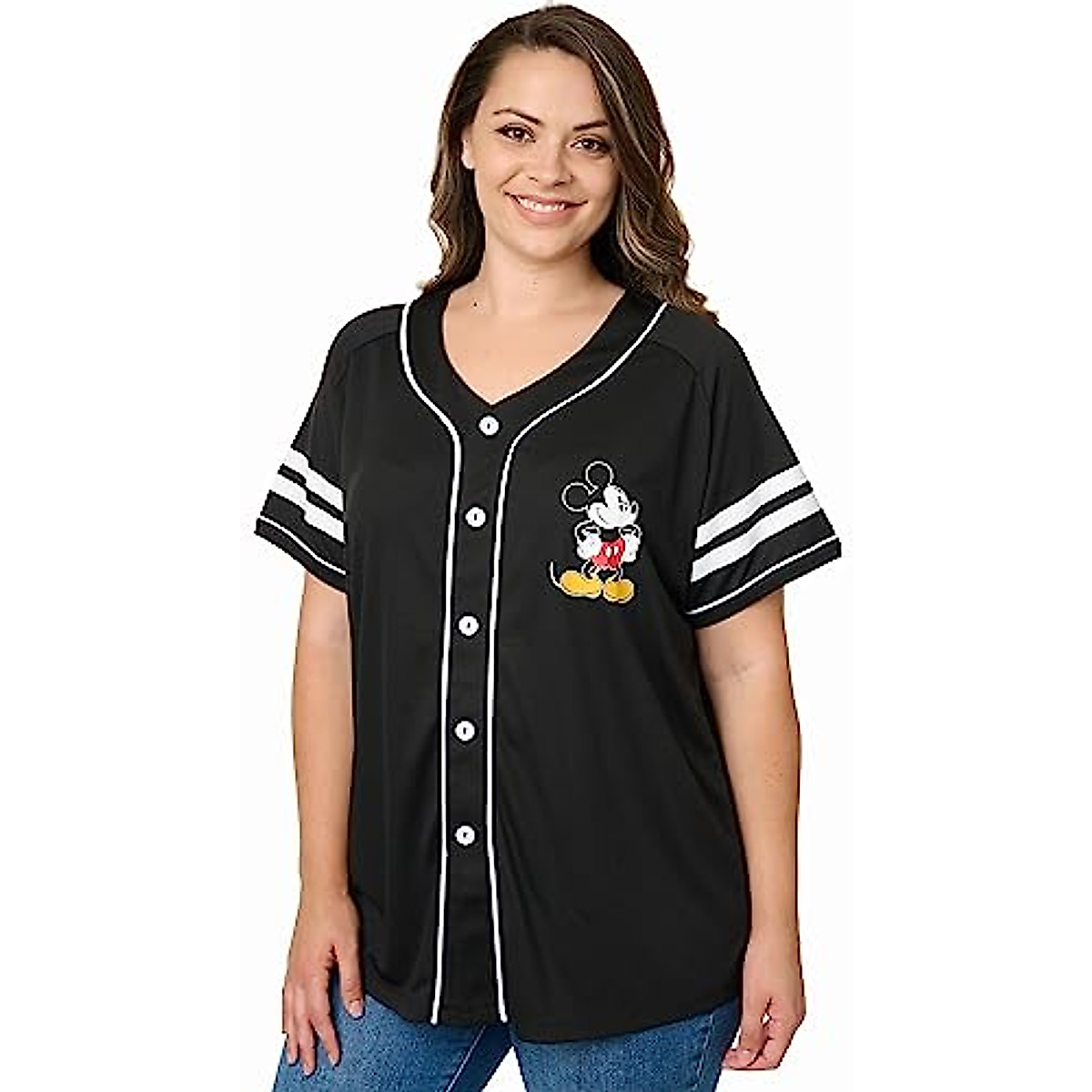 Disney Mickey Mouse 28 Womans Jersey Shirt Button (Black, XX-Large)