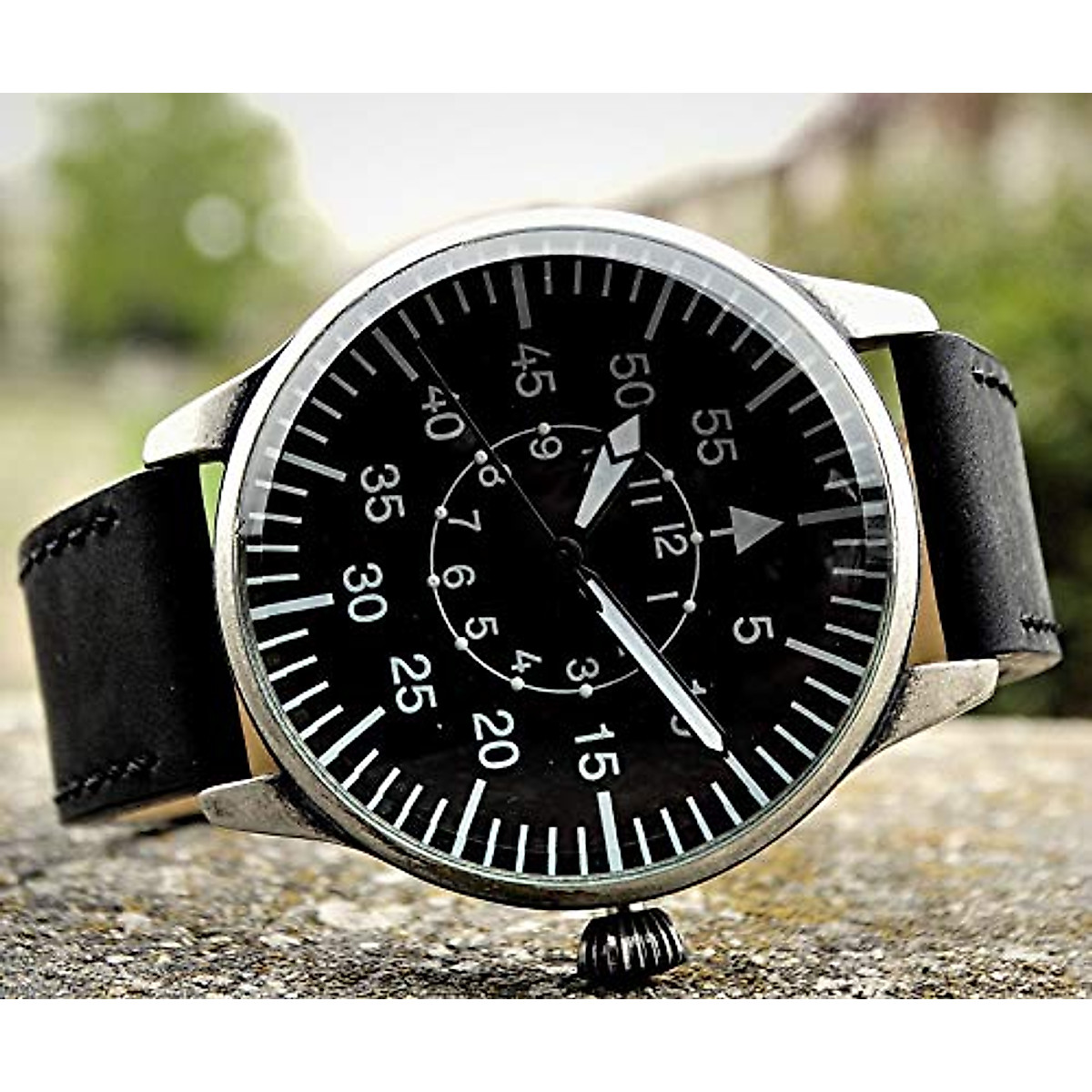 Mil-Tec Vintage Aviator Watch Black Dial Quartz Mens Flieger Pilot World War 2 Wristwatch