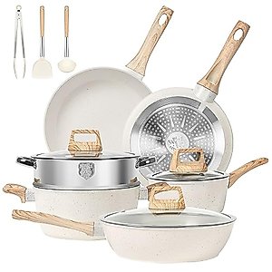 SODAY Pots and Pans Set, Nonstick Kitchen Cookware Sets, 12 Pcs Induction Cookware Granite Cooking Set with PFOS & PFOA Free Frying Pans, Saucepans, Steamer Silicone Shovel Spoon & Tongs (White)