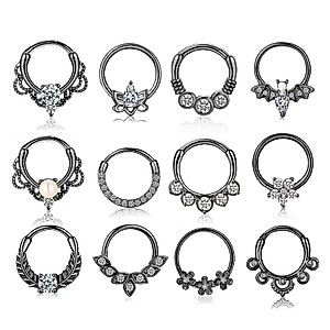 TOSGMY 12 PCS Septum Jewelry Daith Earrings Surgical Steel Septum Clicker Ring Helix Cartilage Tragus Piercing Jewelry Silver Rose Gold Black Nose Rings Hoops Hinged Hoop Earrings 8MM 10MM