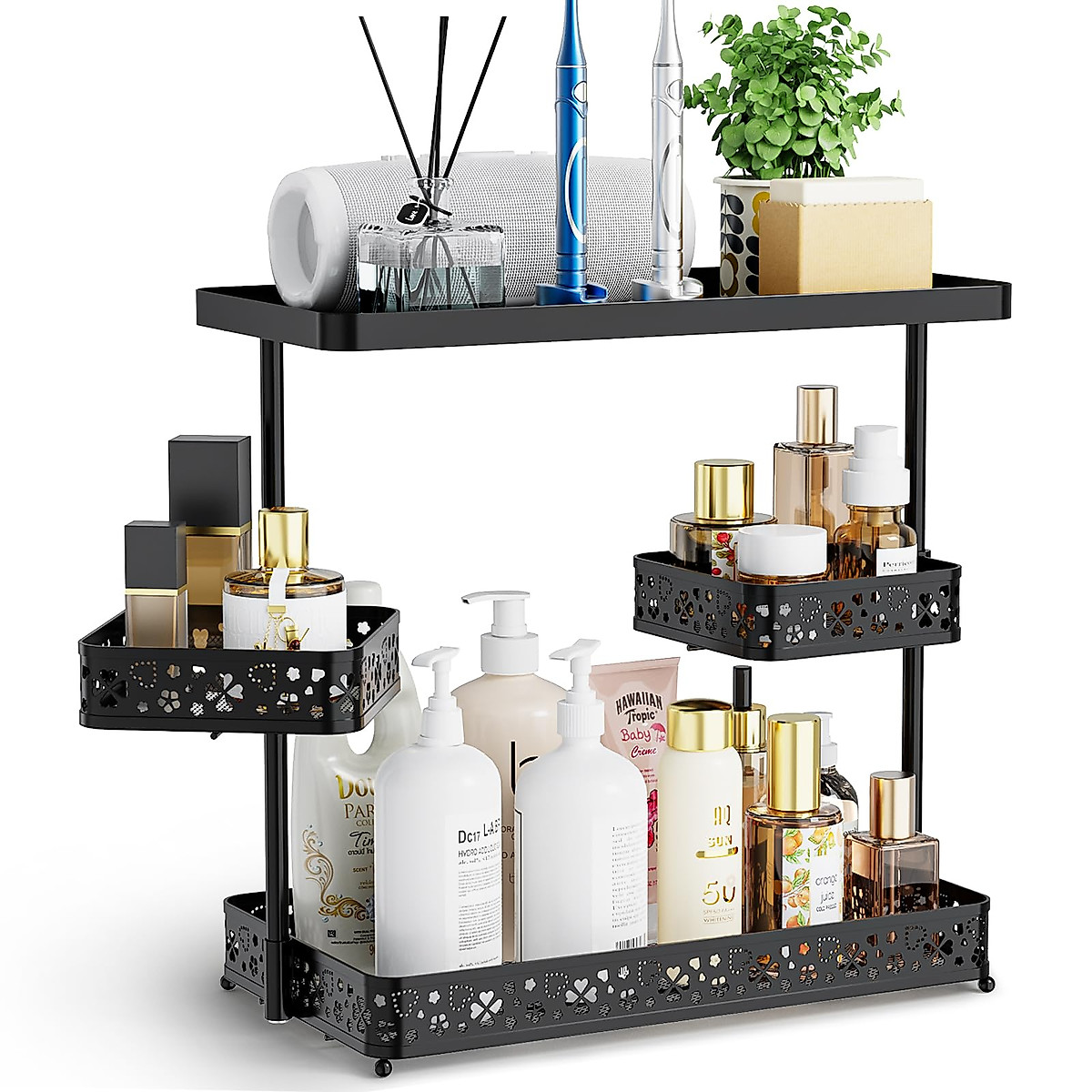 3-Tier Bathroom Counter Organizer, Upgrade Large Vanity Countertop Organizer with 360 Rotating Basket, Bathroom Sink Standing Perfume Cosmetic Makeup Storage Shelf, Kitchen Spice Rack (Black)