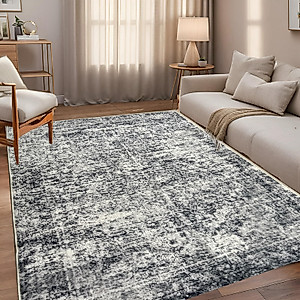 Area Rug 5x7 Washable Throw Rugs with Rubber Backing Stain Resistant Non-Slip Waterproof Foldable Thin Grey Rug Retro Carpet for Living Room Office Bedroom Bedside (C03, 5'x7')