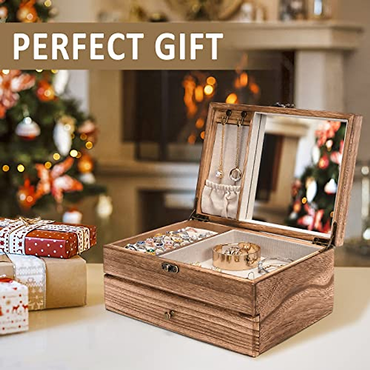 Emfogo Jewelry Box for Girls Women, 2 Layer Rustic Wooden Jewelry Boxes & Organizers with Mirror, Wood Jewelry Organizer Box Display for Rings Necklaces Earrings Bracelets(Torched Wood)
