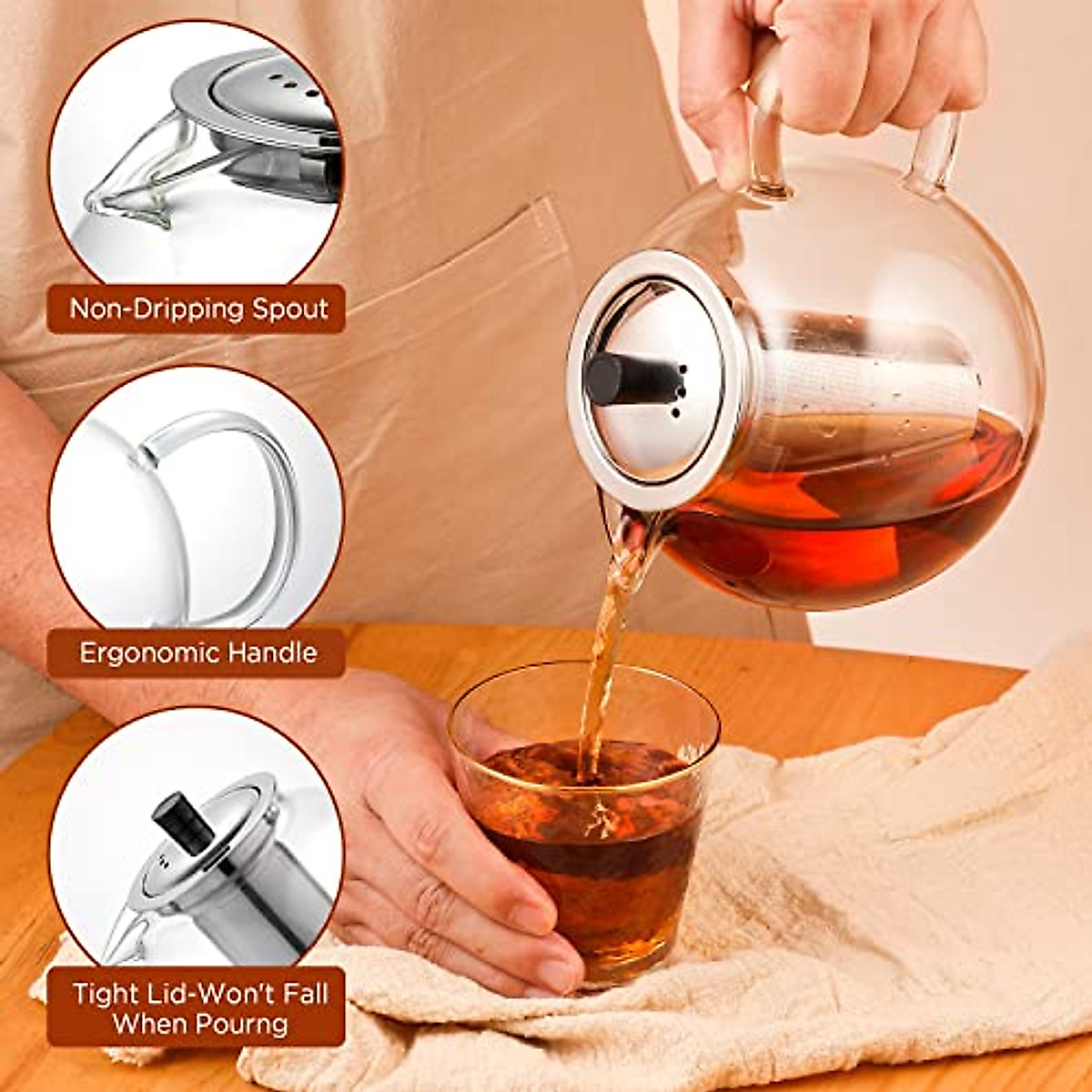 1500m Glass Teapot with Removable Stainless Infuser(52oz), Ehugos Stovetop Safe Large Tea Pot, Hand Crafted Kettle for Women and Adult, for Loose Leaf Tea, Hot and Iced Water, Juice Beverage