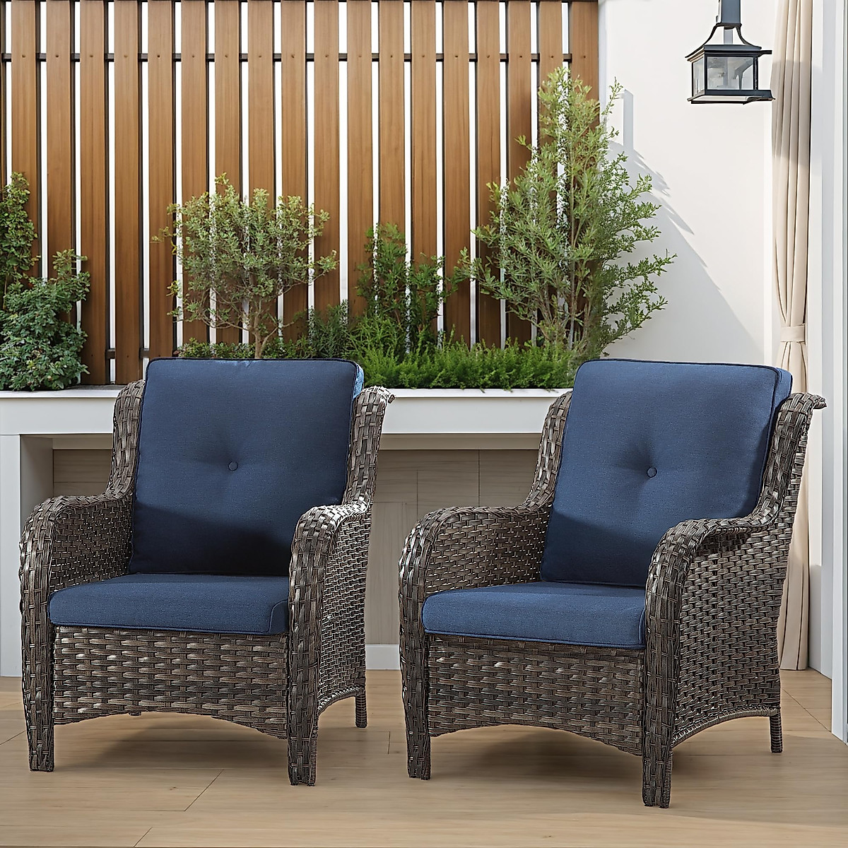 Gardenbee Patio Wicker Chairs Set of 2, Patio Rattan Dining Chairs with 3.5-inch Seat Cushions, High Back and Curved Armrest for Garden, Backyard, Balcony and Deck, Blue
