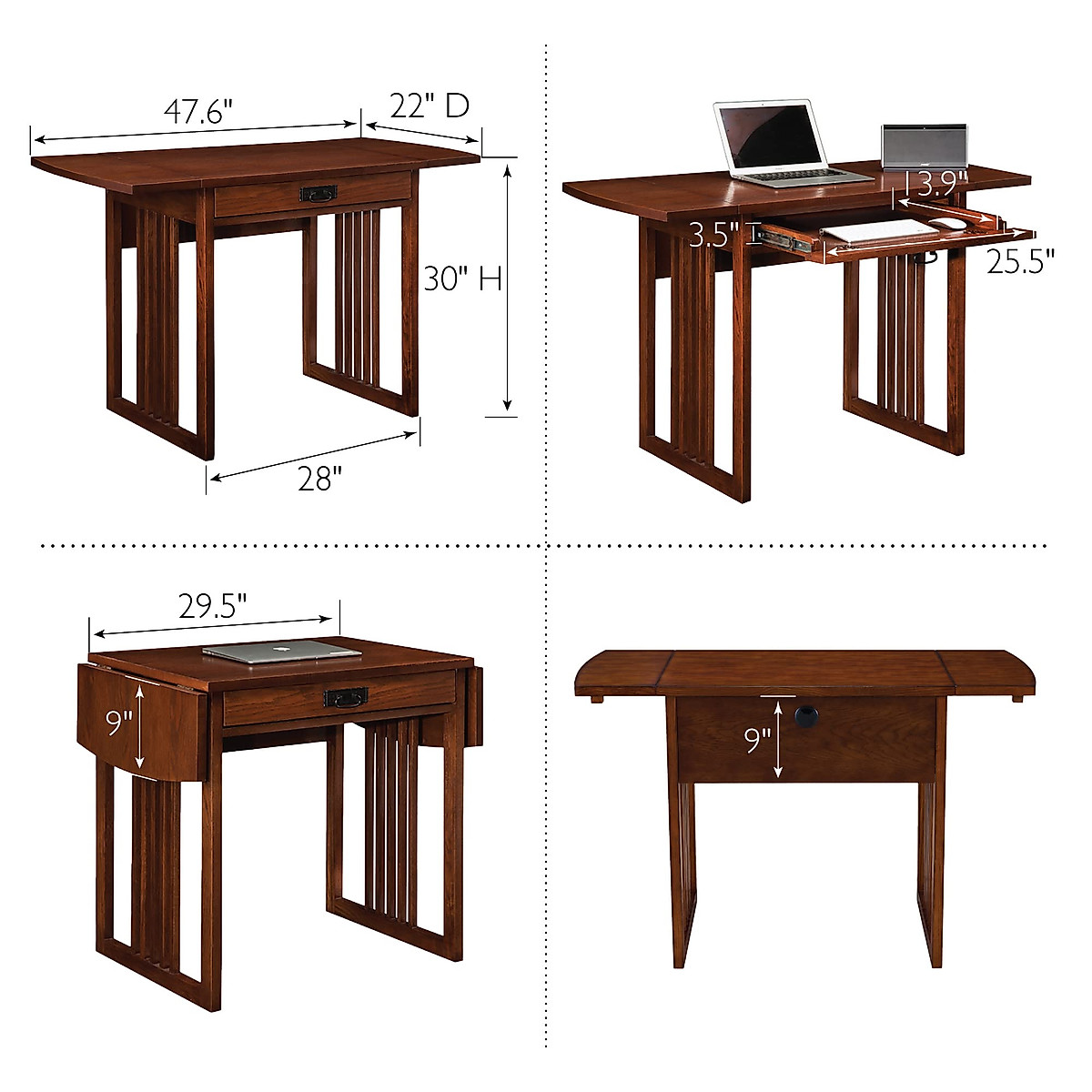 Mission Drop Leaf Computer Desk, 32-Inch, Solid Wood, Compact Folding Writing Desk for Small Spaces, Home Office – Leick Home, 82420