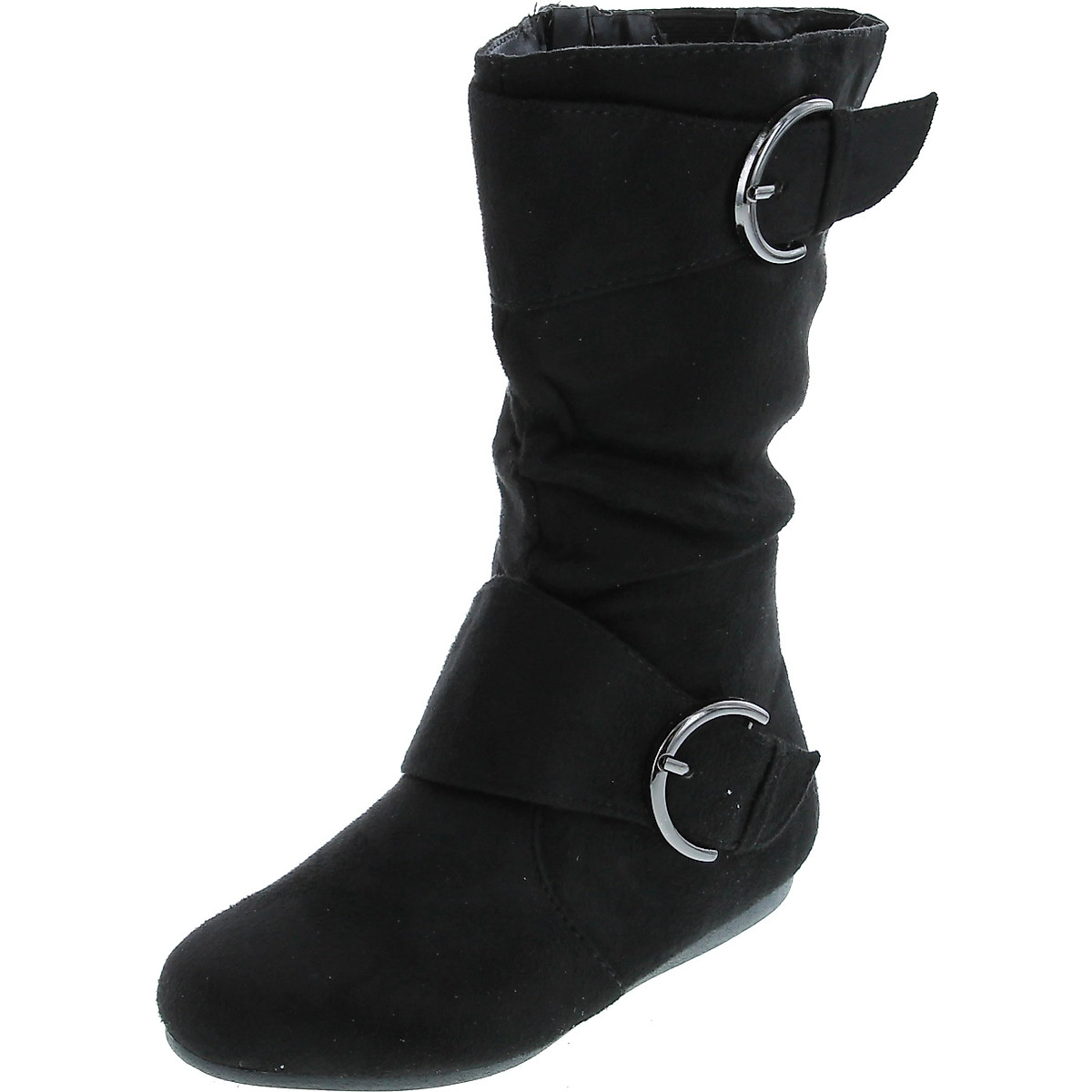 Link Klein-70k Girl's Kid's Faux Suede Two Buckle Zipper Flat Heel Mid Calf Slouchy Boot Shoes (10 B(M) US, Black)