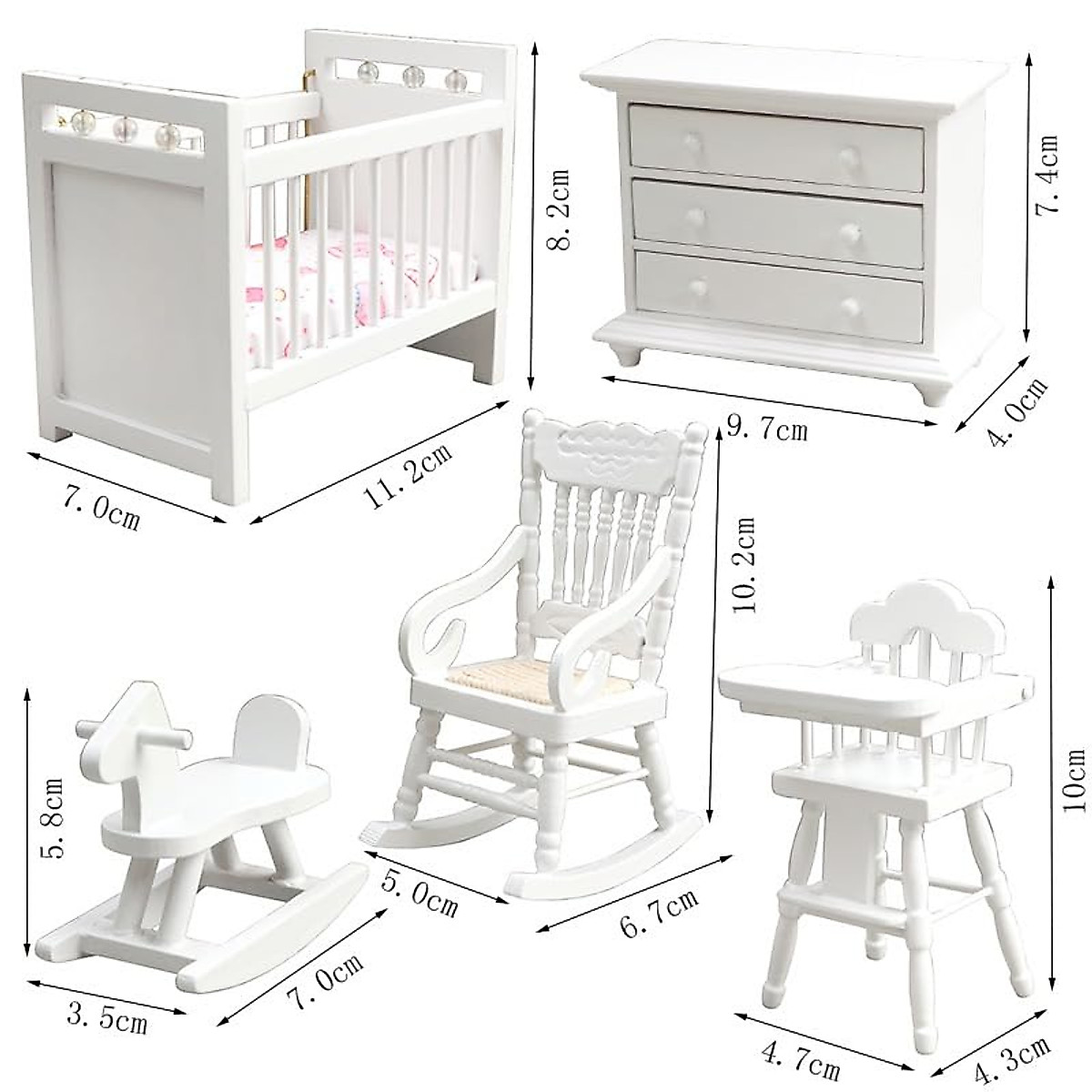 White Wooden Nursery Bedroom (5pcs) 1:12 Scale Dollhouse Furniture,Non-Toxic Paint