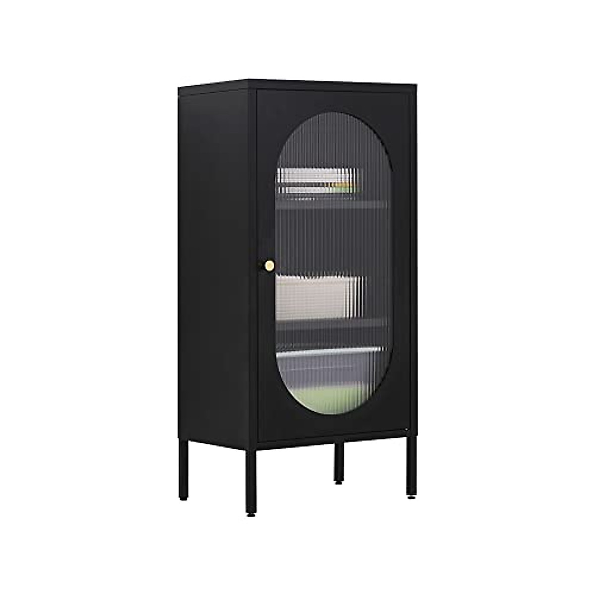 WISUNO Metal Storage Cabinet for Living Room,Bedroom,Home,Office,Kitchen,3-Tier,Glass Door,Removable Shelves (Single Glass Door, Black)