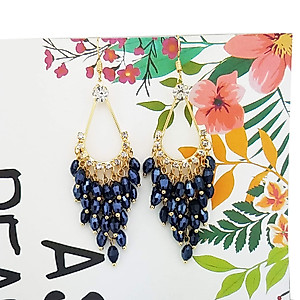 LAXPICOL Fashion Bohemian Long Earrings Blue Crystals Chandelier Fish Hook Earrings For Women Golden Tone