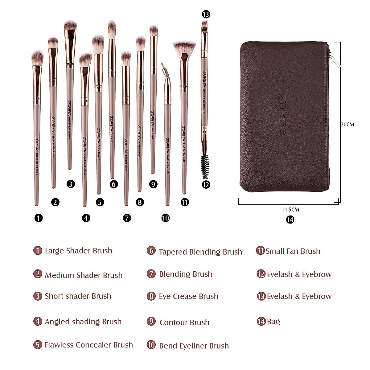 Z'OREYA Eye Makeup Brushes, 12 Pcs Professional Eye Brush Set Eyeshadow, Eyebrow, Blending, Fan, Eyelash Brush Set With Carrying Bag(Champagne Gold)