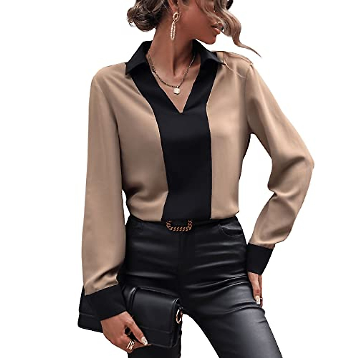 SweatyRocks Women's Color Block Long Sleeve Collar V Neck Shirt Casual Office Work Pullover Blouse Top Apricot S