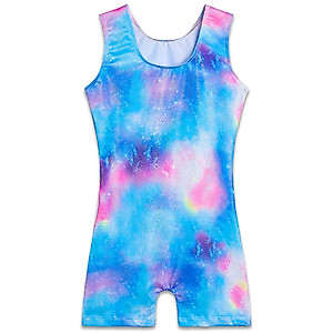 Girls Gymnastics Leotards with Shorts for 9-10 Year Old Big Kids Sparkly Blue Tie Dye Print Sleeveless Biketard Unitards