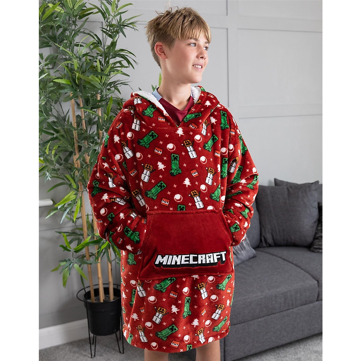 Minecraft Christmas Xmas Vuddie Oversized Blanket Hoodie Kids Boys Girls Red Fleece