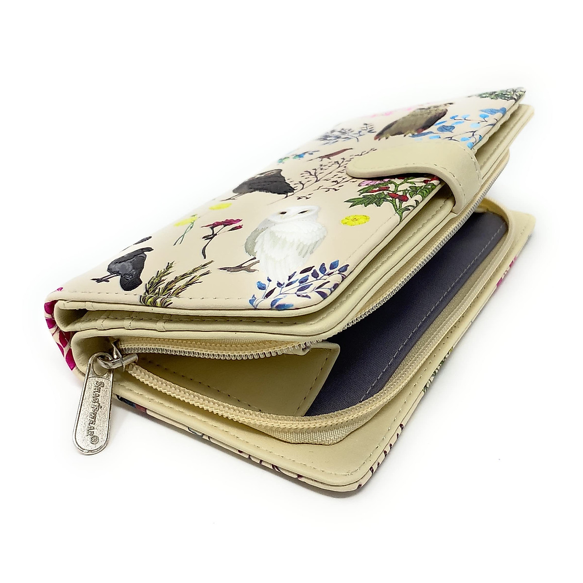 Shag Wear Wild Bird Owl Forest Large Wallet for Women and Teen Girls Vegan Faux Leather 7" Beige