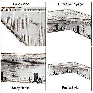 WGFKVAS Corner Shelf Wall Mounted Set of 2, Solid Wood Corner Floating Shelves with Hooks, Rustic White Wall Storage Display Shelf for Wall Decor Living Room, Entryway, Office, Bathroom