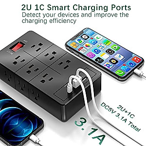 Power Strip with USB C - 12 Widely Outlets with 2 USB Charging Ports+1 USB C Total 3.1 A, 6 ft Long Heavy Duty Extension Cord,Overload Surge Protection, Surge Protector Wall Mount for Home (Black)