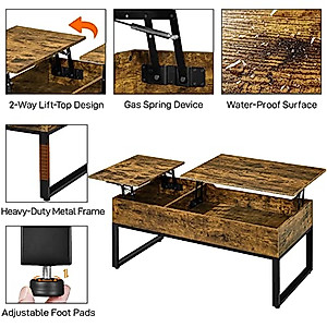 Yaheetech 2 Way Lift Top Coffee Table with Separated Hidden Storage Compartments,Adjustable Tabletop Dining Table for Living Room, Metal Frame, Rustic Brown