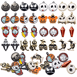 7ilaewen 32Pcs Jack and Sally Christmas Charms Pendants, Horror Enamel Charm Pumpkin Ghost Alloy Charms Halloween Scary Earring Necklace Bracelet Charms for Jewelry Making DIY Crafts Xmas Gifts
