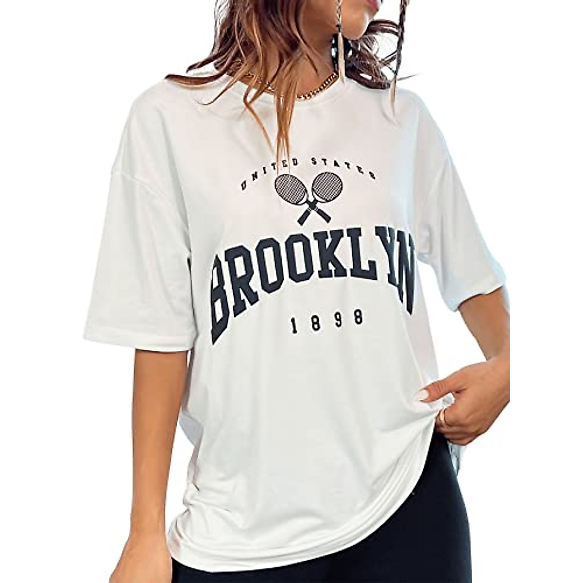 Verdusa Women's Casual Crewneck Short Sleeve Letter Graphic Drop Shoulder Oversized Tee T Shirt White S