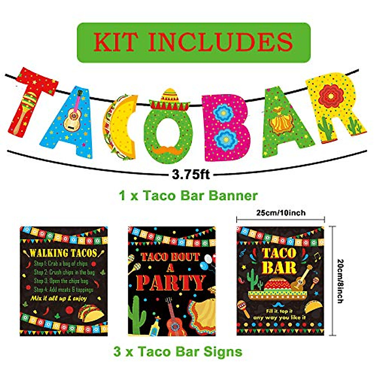 Taco Bar Decoration Kit Mexican Banner Table Sign Food Tent Cards Cinco De Mayo Fiesta Birthday Party Bachelorette Bridal Shower Favors Supplies,Set of 22