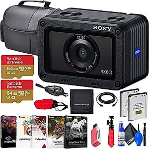 Sony RX0 Ultra-Compact Waterproof/Shockproof Camera (DSC-RX0) + 2 x 64GB Memory Card + 3 x ENEL19 Battery + Case + Card Reader + Corel Photo Software + Flex Tripod + Memory Wallet + More