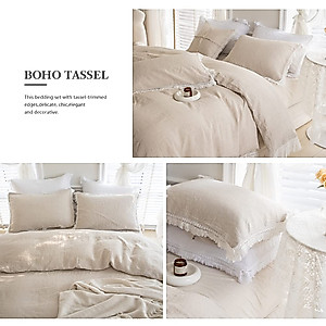 Simple&Opulence 100% Linen Boho Duvet Cover,3pcs Bohemian Textured Collection Bedding Set for All Seasons,French Country Comforter Cover Set with Pillow Shams (Queen, Tassel-White)