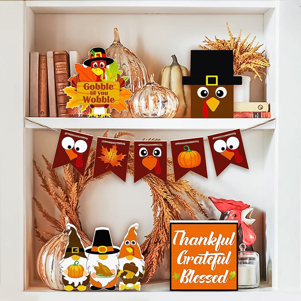 Thanksgiving Tiered Tray Decor Set - 9PCS Includes Turkey Wooden Gnome Signs Pumpkin Maple Leaf for Thanksgiving Home Indoor Kitchen Table Decorations(Tiered Tray Not Included)