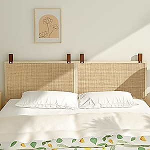 ZeHuoGe Natural Rattan Queen Headboard Decorative Panel with 2 Faux PU Leather Trim Strips, Wall-Mounted Headboard (Queen)