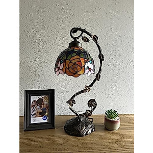 Enjoy Tiffany Style Table Lamp Stained Glass Rose Flowers Iron Metal Leaves Bronze Base Vintage for Living Room Dining Room Bedroom Bedside Office Hotel H21*W11 in
