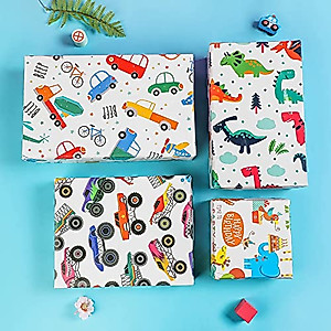 BULKYTREE Birthday Wrapping Paper for Boys Kids, 12 Sheets Dinosaur, Monster Truck, Happy Animals Design Gift Wrap for Kids Birthday, Baby Shower and Holiday - 20 x 29 Inch Per Sheet