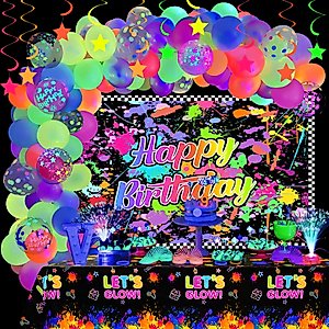 Winrayk Neon Glow in The Dark Birthday Party Decorations Supplies with Neon Balloons Garland Arch Backdrop Tablecloth Hanging Swirl Glow in The Dark Party Supplies Neon Party Decor for Kids Teen Adult