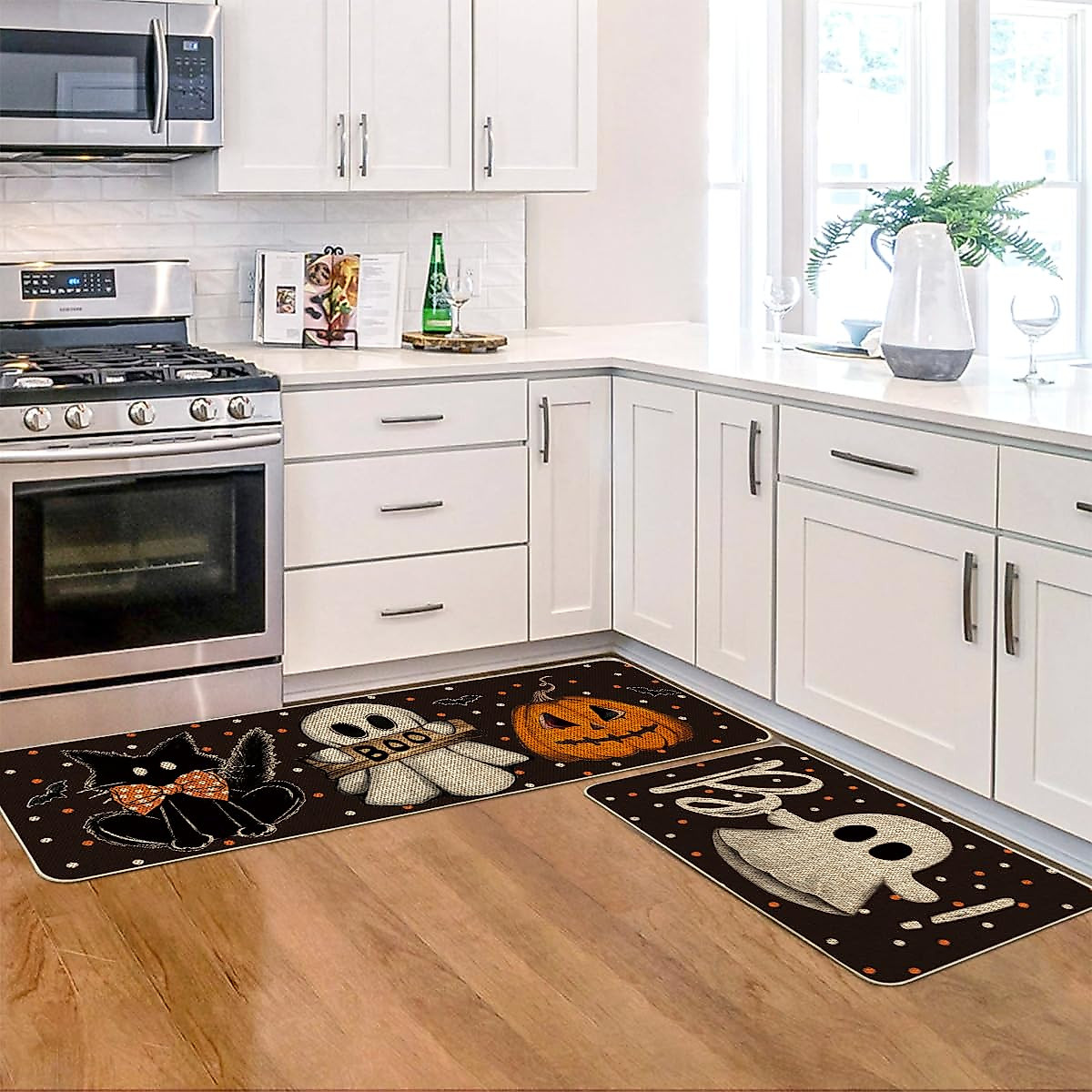 Artoid Mode Bats Black Cats Boo Pumpkin Halloween Kitchen Mats Set of 2, Home Decor Low-Profile Kitchen Rugs for Floor - 17x29 and 17x47 Inch